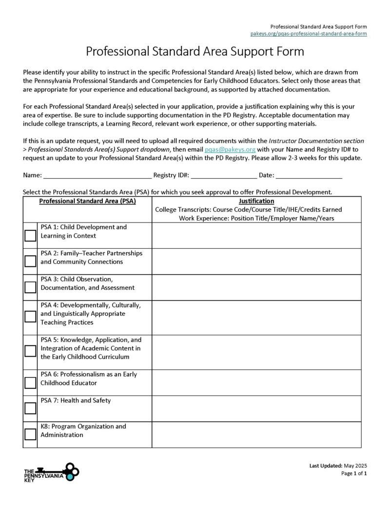 Professional Standard Area Support Form - The Pennsylvania Key