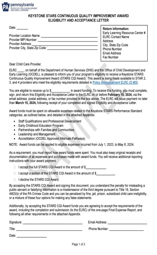 Keystone STARS Continuous Quality Improvement Award Eligibility and ...