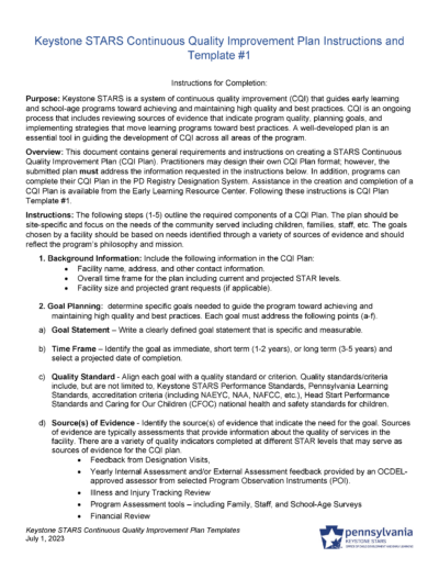 Keystone STARS Continuous Quality Improvement Plan Instructions and ...