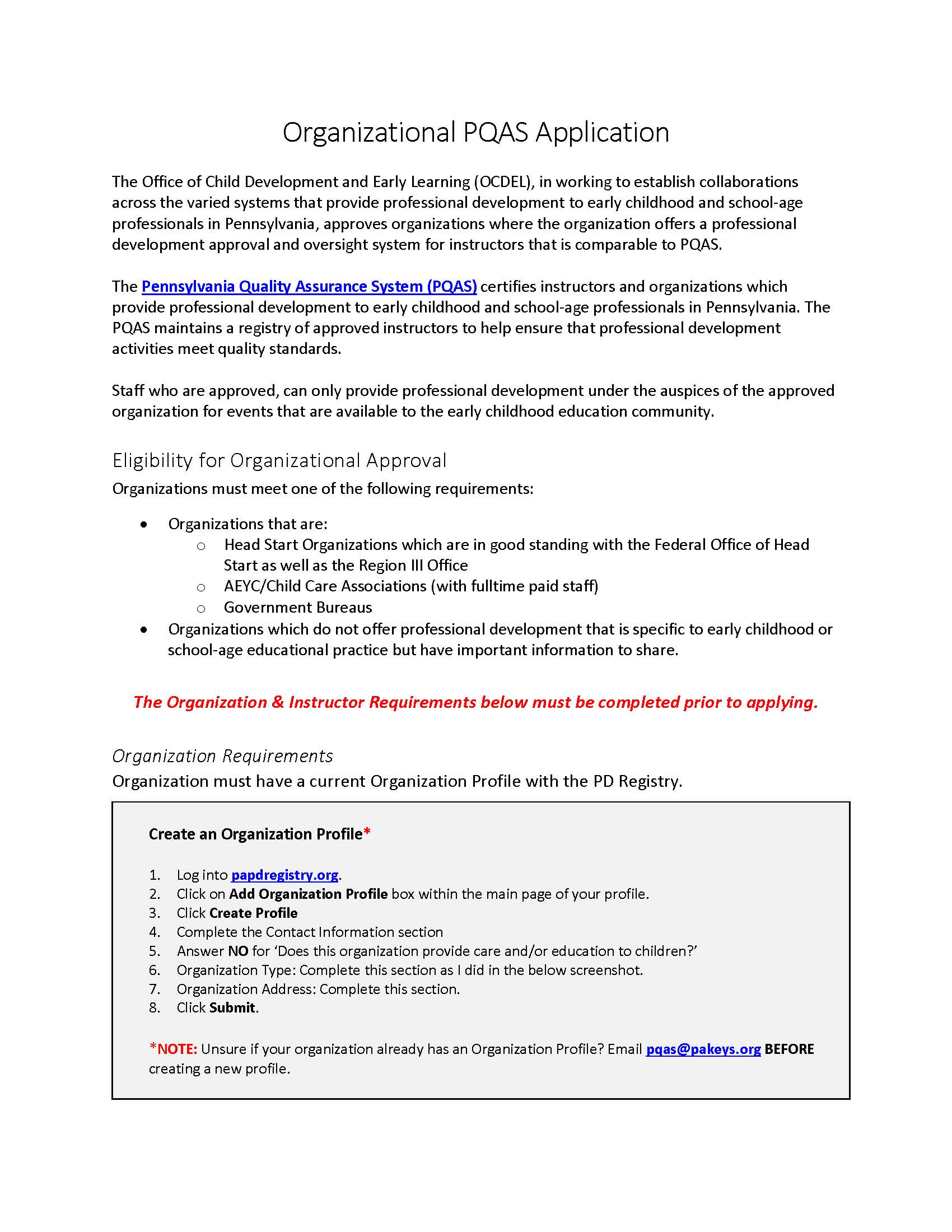 Organizational PQAS Application - The Pennsylvania Key