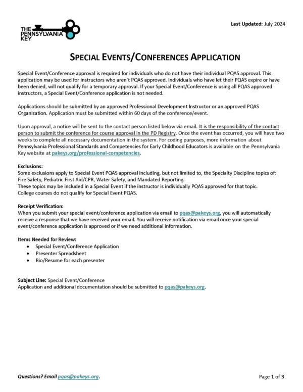 PQAS Special Event/Conference Application - The Pennsylvania Key
