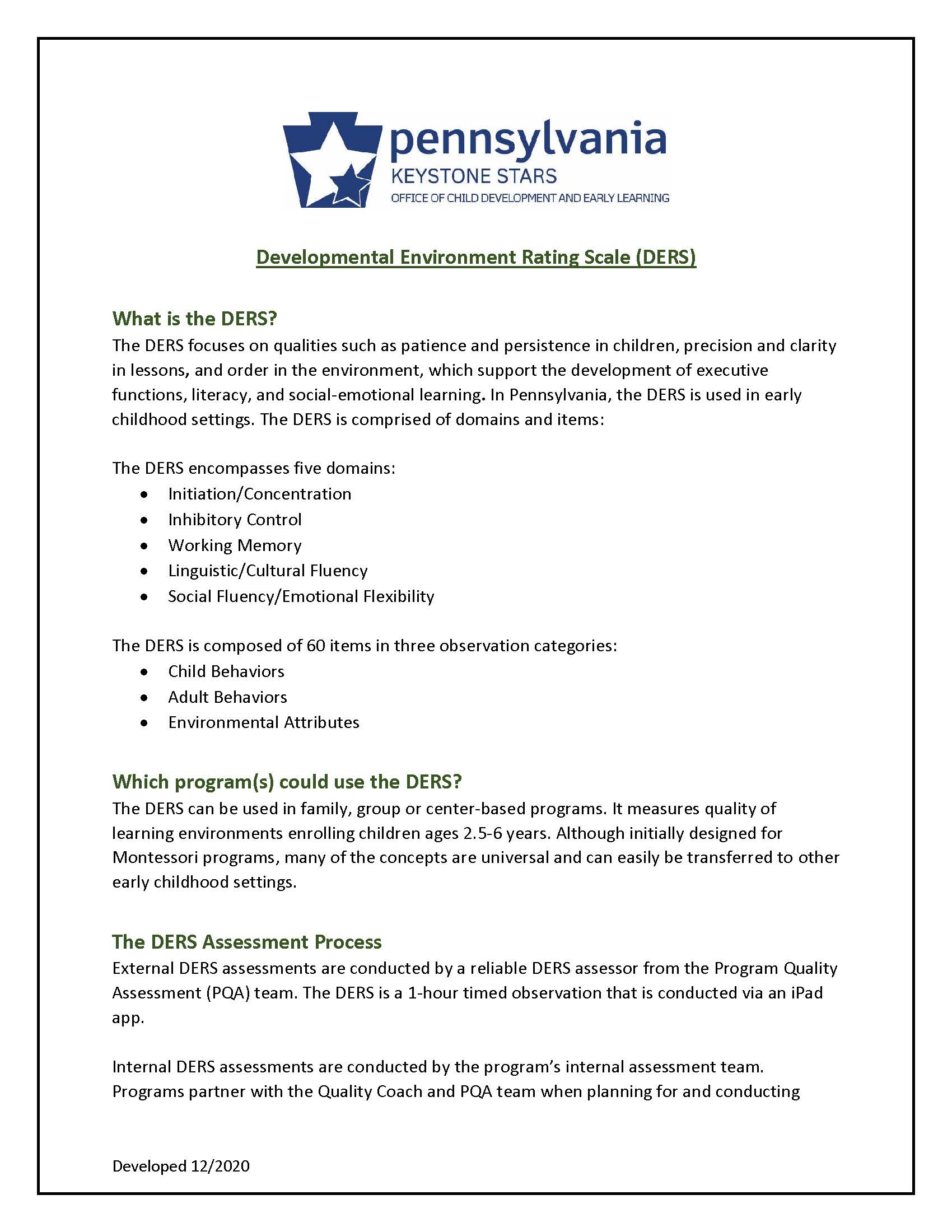 Developmental Environment Rating Scale (DERS) - The Pennsylvania Key