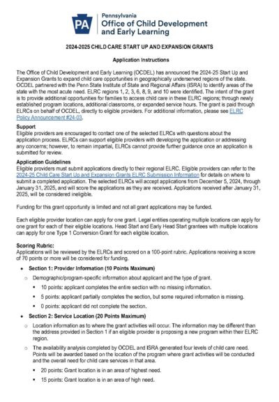 Child Care Start Up and Expansion Grant Application - The Pennsylvania Key