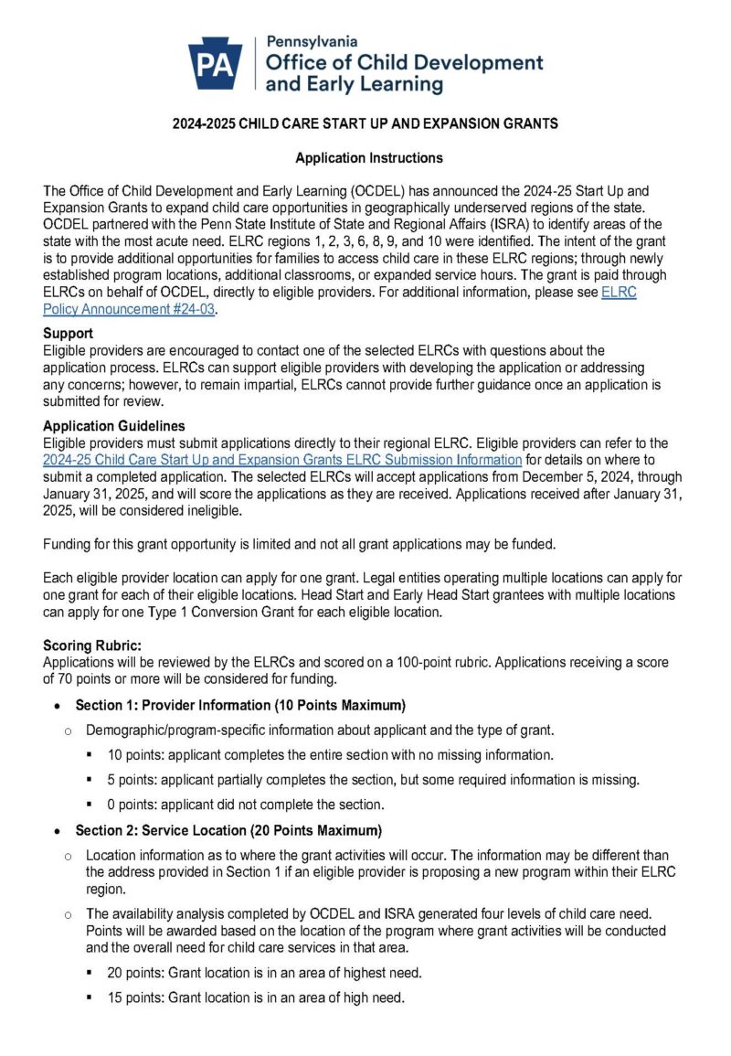 Child Care Start Up and Expansion Grant Application - The Pennsylvania Key
