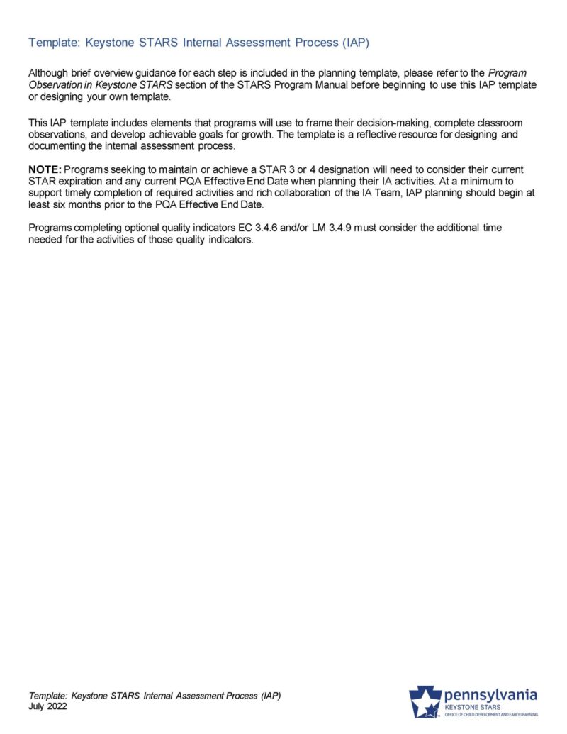 Keystone STARS Internal Assessment Process Template - The Pennsylvania Key