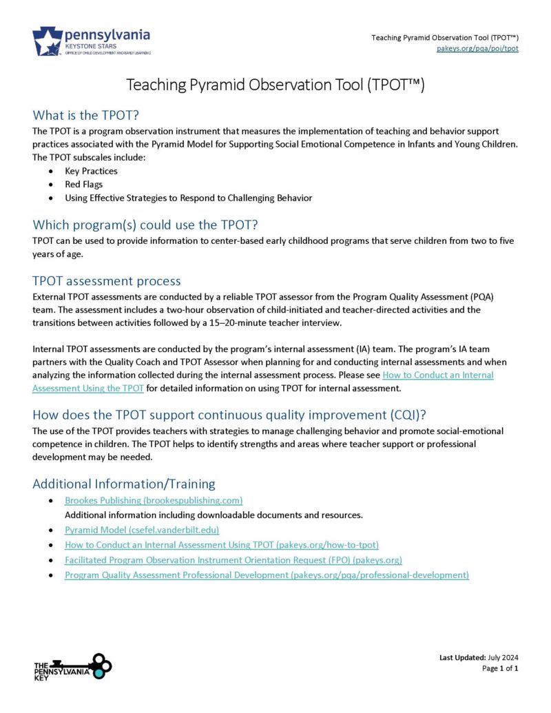 Teaching Pyramid Observation Tool (TPOT) - The Pennsylvania Key