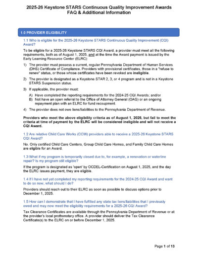 Keystone STARS Continuous Quality Improvement (CQI) Award FAQ for ...