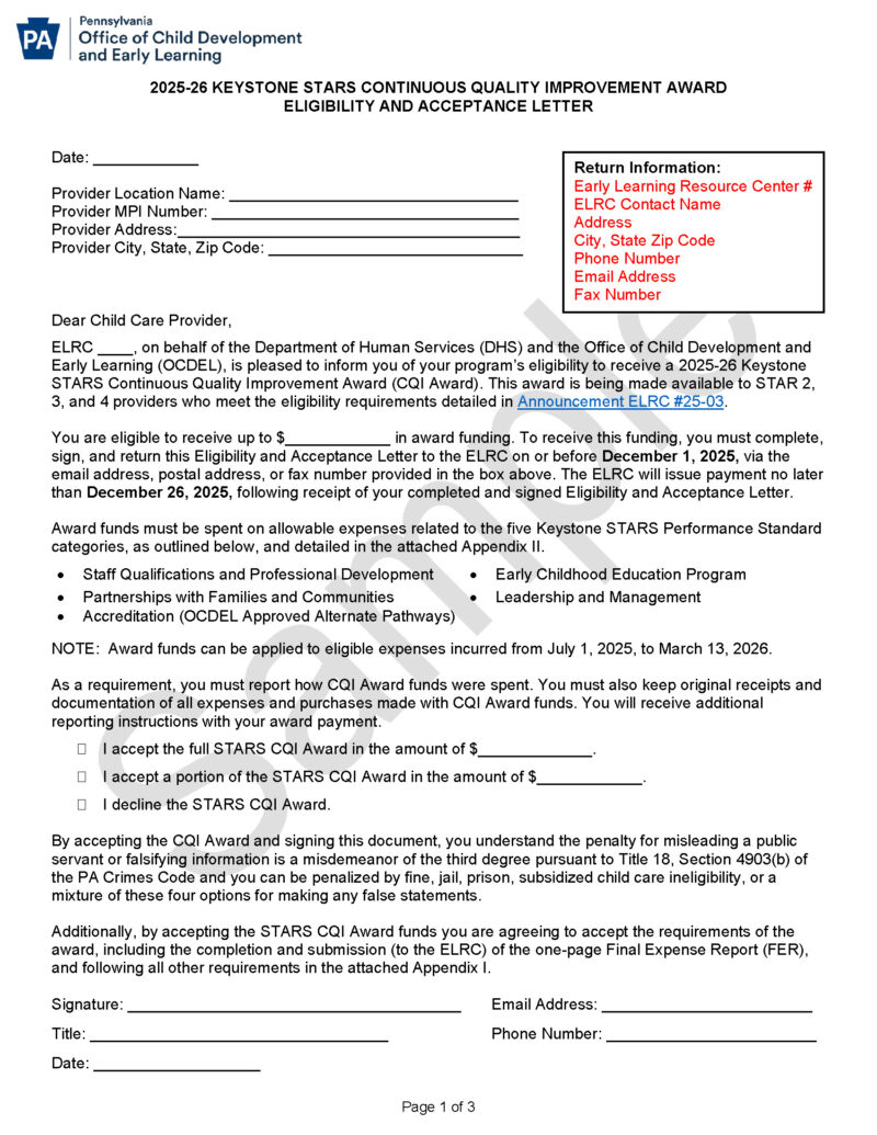 2025-26 Keystone STARS CQI Awards Eligibility and Acceptance Letter ...